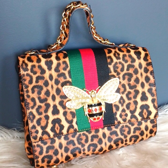 Bags | Leopard Print Handbag With Bee Accent | Poshmark